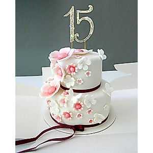 15 Cake Topper | Premium Bling Rhinestone Diamond Gems | 50th Birthday or Anniversary Party Decoration Ideas | Quality Metal Alloy | Perfect Keepsake