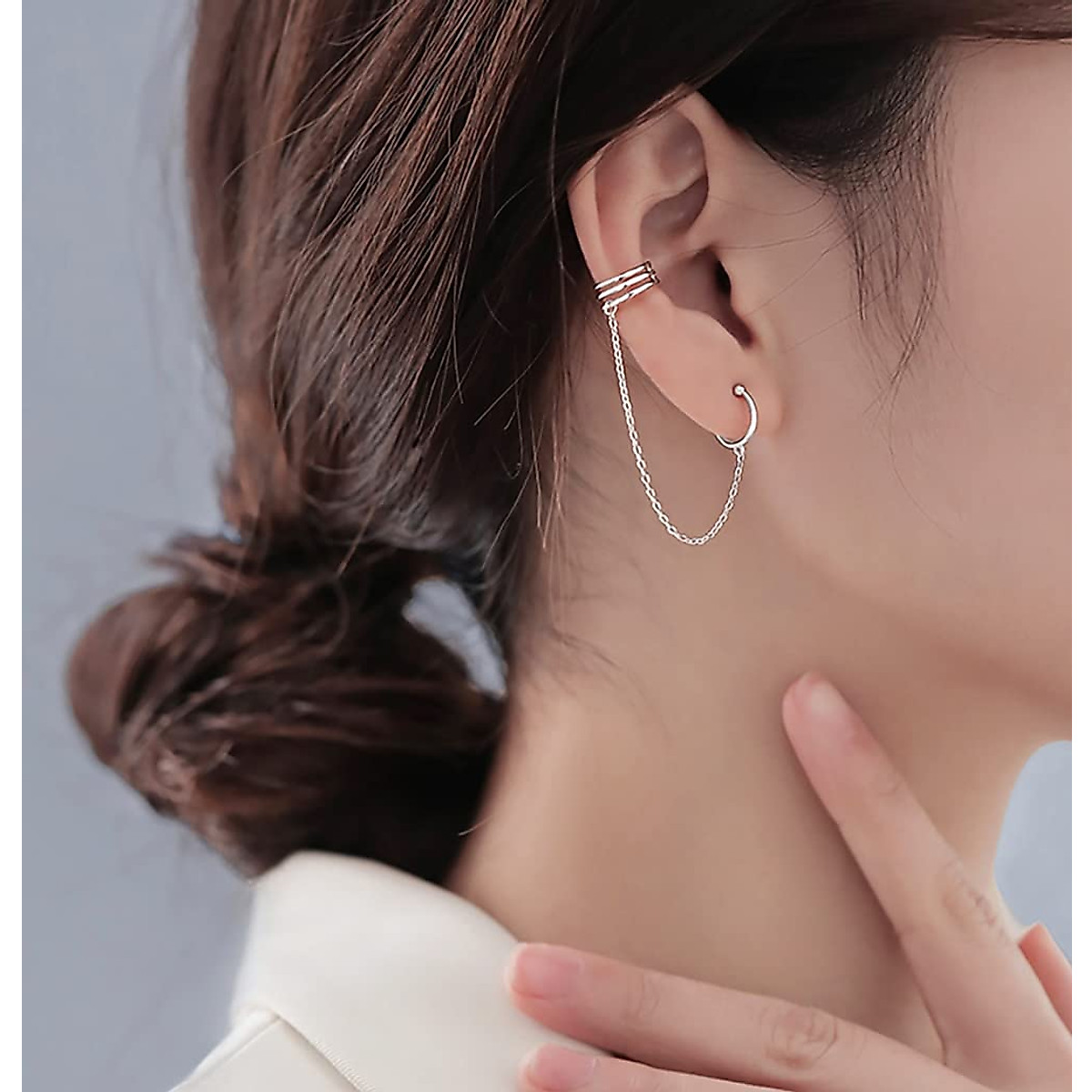 Reffeer Solid 925 Sterling Silver Cuff Chain Earrings Wraps for Women Wrap Earrings Non Piercing Ear Cuffs (A-Silver)