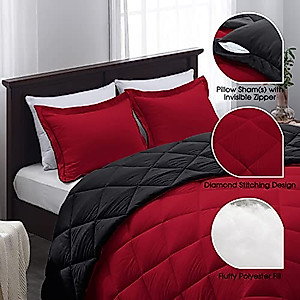 Basic Beyond Down Alternative Comforter Set (Queen, Black/Red) - Reversible Bed Comforter with 2 Pillow Shams for All Seasons