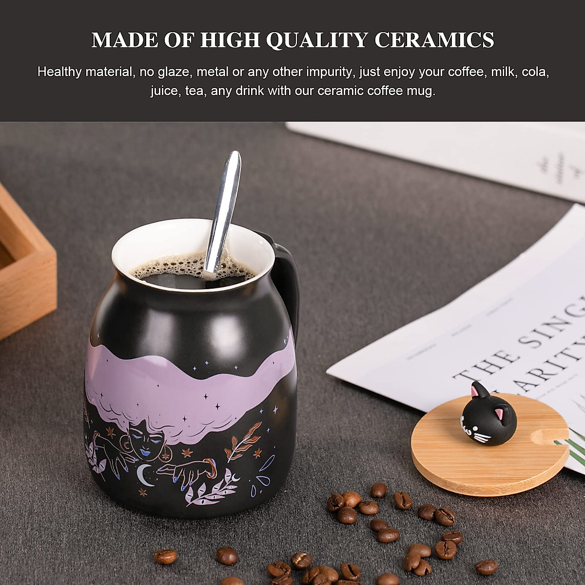 YUESHICO Witches coffee mug - Witch Ceramic Coffee Cup with Black Cat Bamboo Lid Stainless Steel Spoon, Novelty Morning Cup Tea Milk Christmas Halloween Mug Gift 420ML (Black)