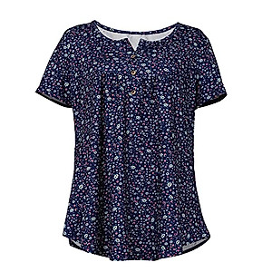 peasant tops for women tunic tops for women loose fit short sleeve flowy shirts Navy blue ditsy floral M