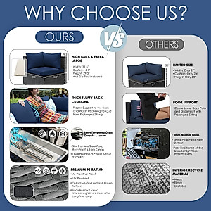 NICESOUL® Large 9 Piece Outdoor Patio Furniture Set with Fire Pit Table,29.3'' High Back Rattan Modular Sectional Sofa Set with Natural Gas/Propane Firepit Navy,2 Colors Cushions