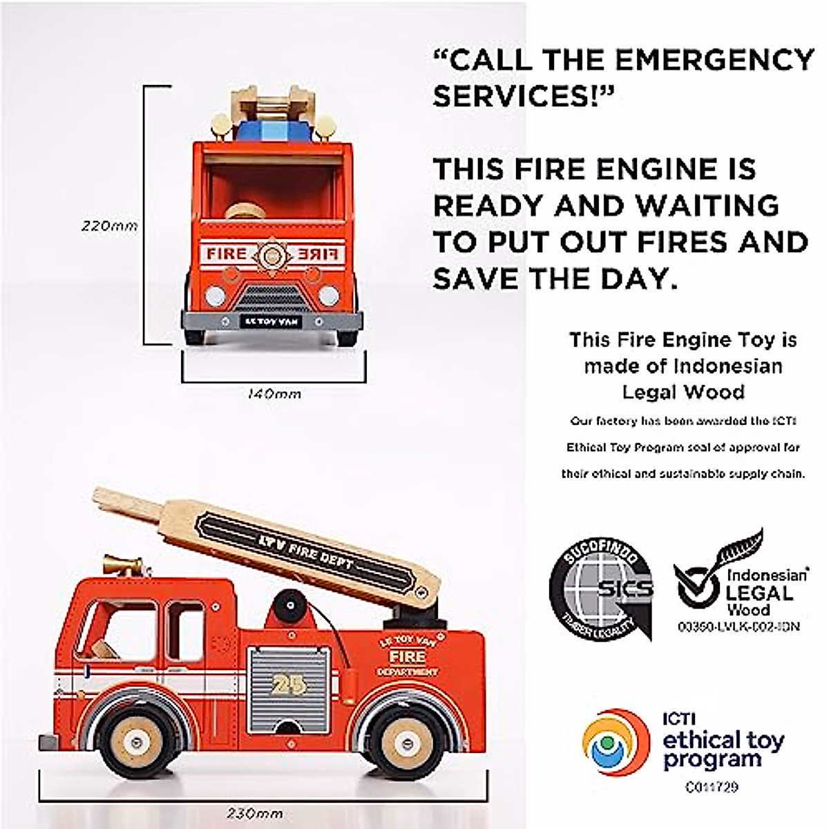 Le Toy Van Cars & Construction Collection Wooden Fire Engine Set Premium Wooden Toys for Kids Ages 3 Years & Up, Multi