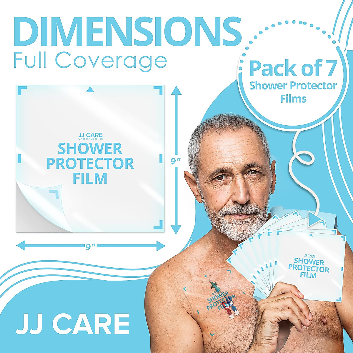 JJ CARE Shower Protector [Pack of 7], 9x9 Dialysis Catheter Shower Cover, PICC Line Water Barrier, Colostomy Shower Shields, Waterproof Bandage Protector, 1 Week Supply