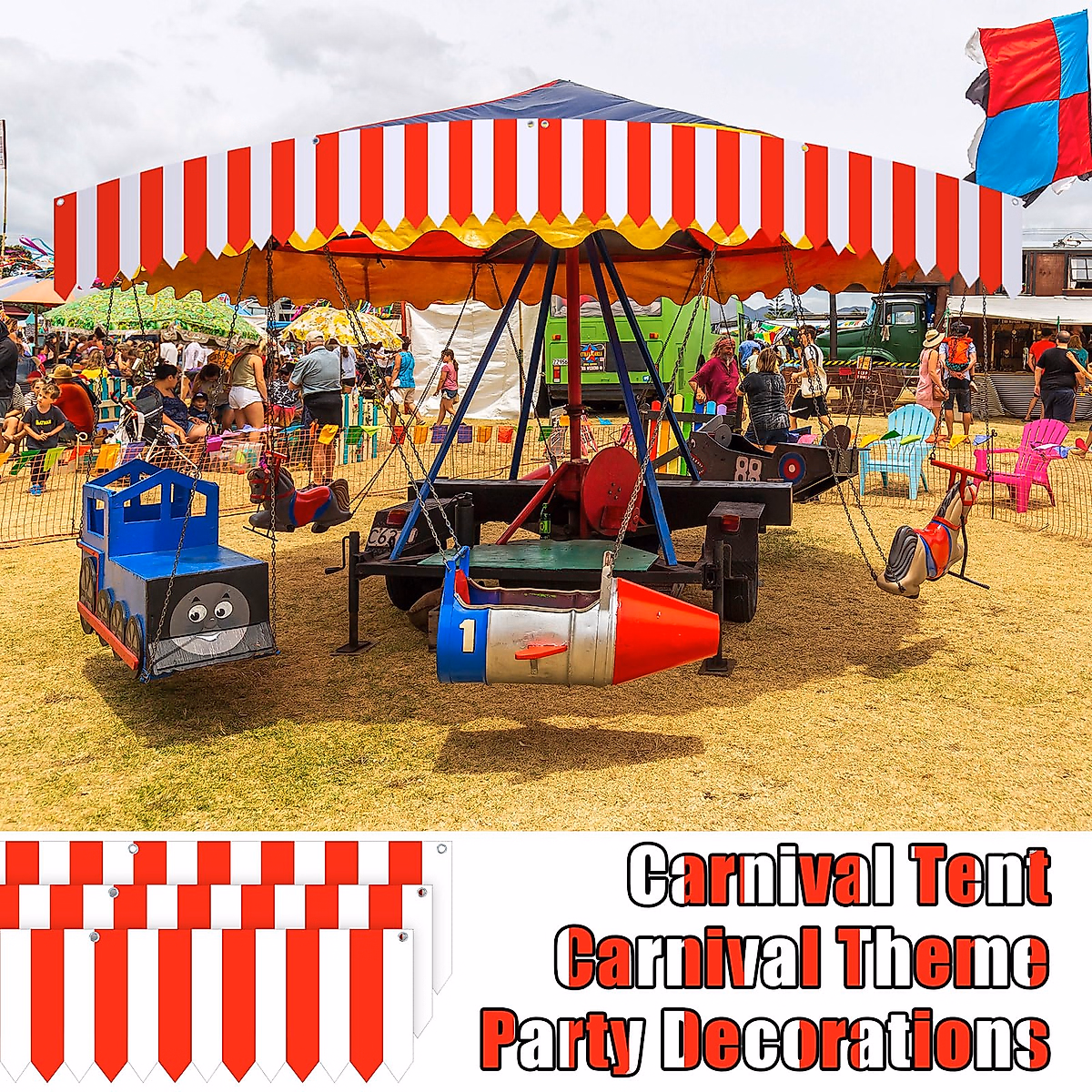 SmoothNovelty Carnival Tent Circus Theme Party Decorations White and Red Striped Circus Awning Decor 3D Awning Circus Tent Canopy for Mardi Gras Carnival Theme Party Decor, 9.84 x 78.74 Inch (6 Pcs)