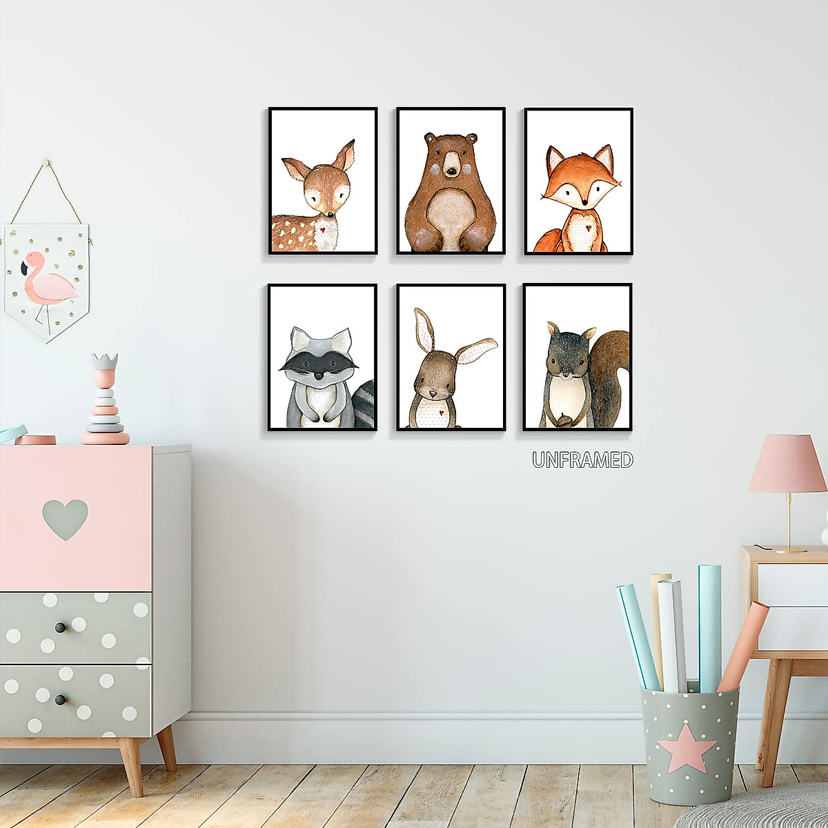 6 Pieces Woodland Animals Nursery Canvas Wall Art Cute Safari Jungle Animal Deer Bear Bunny Pictures Baby Room Posters Farmhouse Forest Theme Fox Squirrel Raccoon Prints Decor 8x10in Unframed