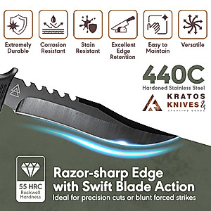 Fixed Blade Hunting Knife with Sheath, 12" Bushcraft Knife Full Tang, Stainless Steel EDC Fixed Blade Knife with Sheath, Rubber Handle by Kratos - ZF5