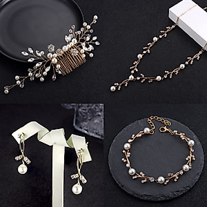 YADOCA Pearl Prom Jewelry Set For Women Pearl Rhinestone Crystal Drop Necklace Earring Bracelet Hair Pins Prom Bride Bridesmaid Wedding Bridal Jewelry Accessories Gold Tone