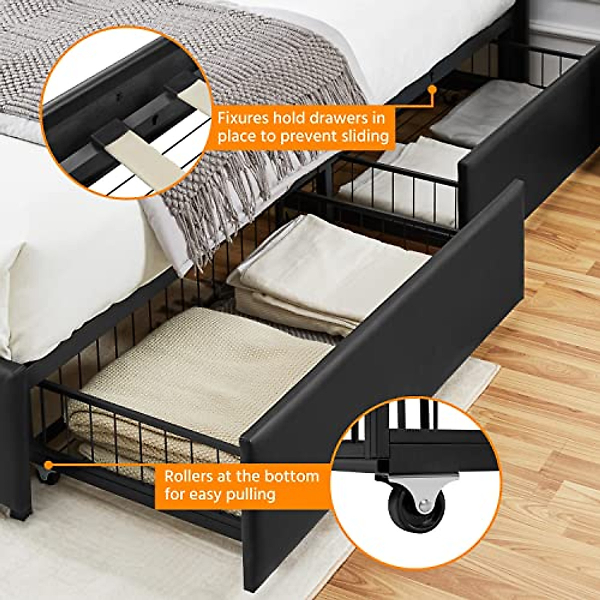 Yaheetech Upholstered Bed Frame with 4 Storage Drawers and Adjustable Headboard, Faux Leather Platform Bed Frame with Mattress Foundation, Strong Wooden Slats Support, No Box Spring Needed, Black-Full
