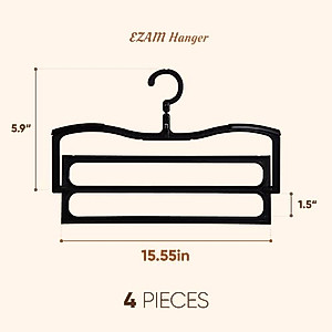 EZAM Pants Hangers Space Saving - 4 Pack Multiple Space Saving Hangers for Pants for Closet Rack, 360 Rotating Bar Closet Pants Organizer - Hangers for Clothes, College & Dorm Room Essentials (Black)