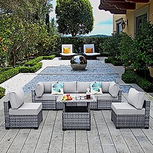 Lviden 7 Pieces PE Wicker Patio Furniture Set Outdoor Sectional Conversation Sofa Set with Liftable Storage Table, Non-Slip Cushions and Furniture Cover, Light Grey