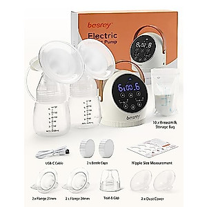 Besrey Double Electric Breast Pump: 200% EFFICIENT with Double Pump & Double Valve, 3 Modes 9 Levels, Memory Function, 10 Breastmilk Storage Bags & 21mm/24mm Flanges Breastfeeding Pump