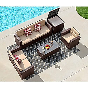 Super Patio 8 Pieces Patio Furniture Set, Outdoor Sectional Sofa, PE Wicker Patio Conversation Sets with Storage Box, Coffee Table, Three Red Pillows, Brown