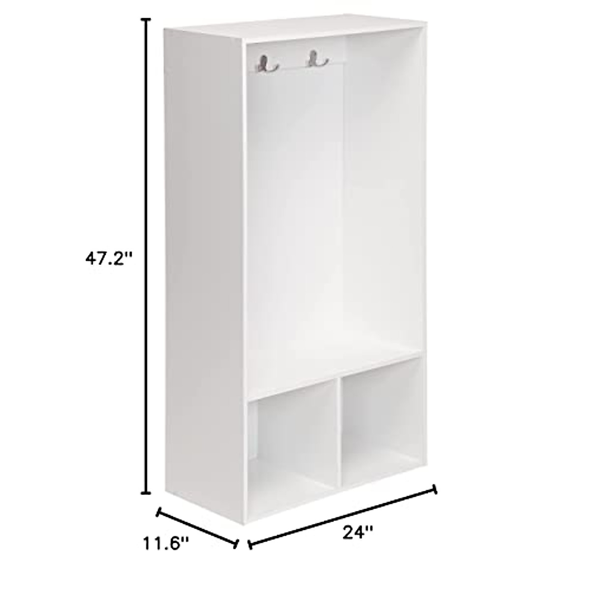 ClosetMaid KidSpace Wood Locker, 2 Cubby Cube Compartments Open Storage, 3 Hooks, for Coats, Backpacks, Jackets, White Finish, 47-Inch