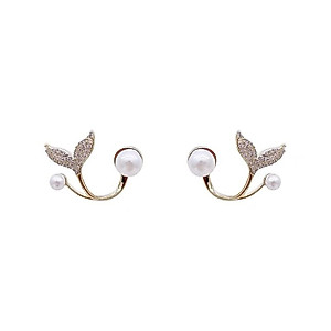 Allereyae Vintage Crystal Fish Tail Ear Jacket Earrings Gold Mermaid Pearl Studs Earrings Whale Tail Earrings Front Back Earrings Jewelry for Women and Girls Gift