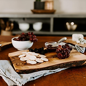 Tramanto Farmhouse Wooden Serving Board with Bark, Rustic Olive Wood Platter 15 x 10 Inch