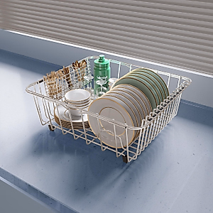 ESBOLM Dish Drainers for Inside Sink - Adjustable Over Sink Stainless Steel Dish Rack,Expandable 15.1" to 21.28" Dish Drying Rack,with Utensil Holder-X-Large(for 3-6 People)