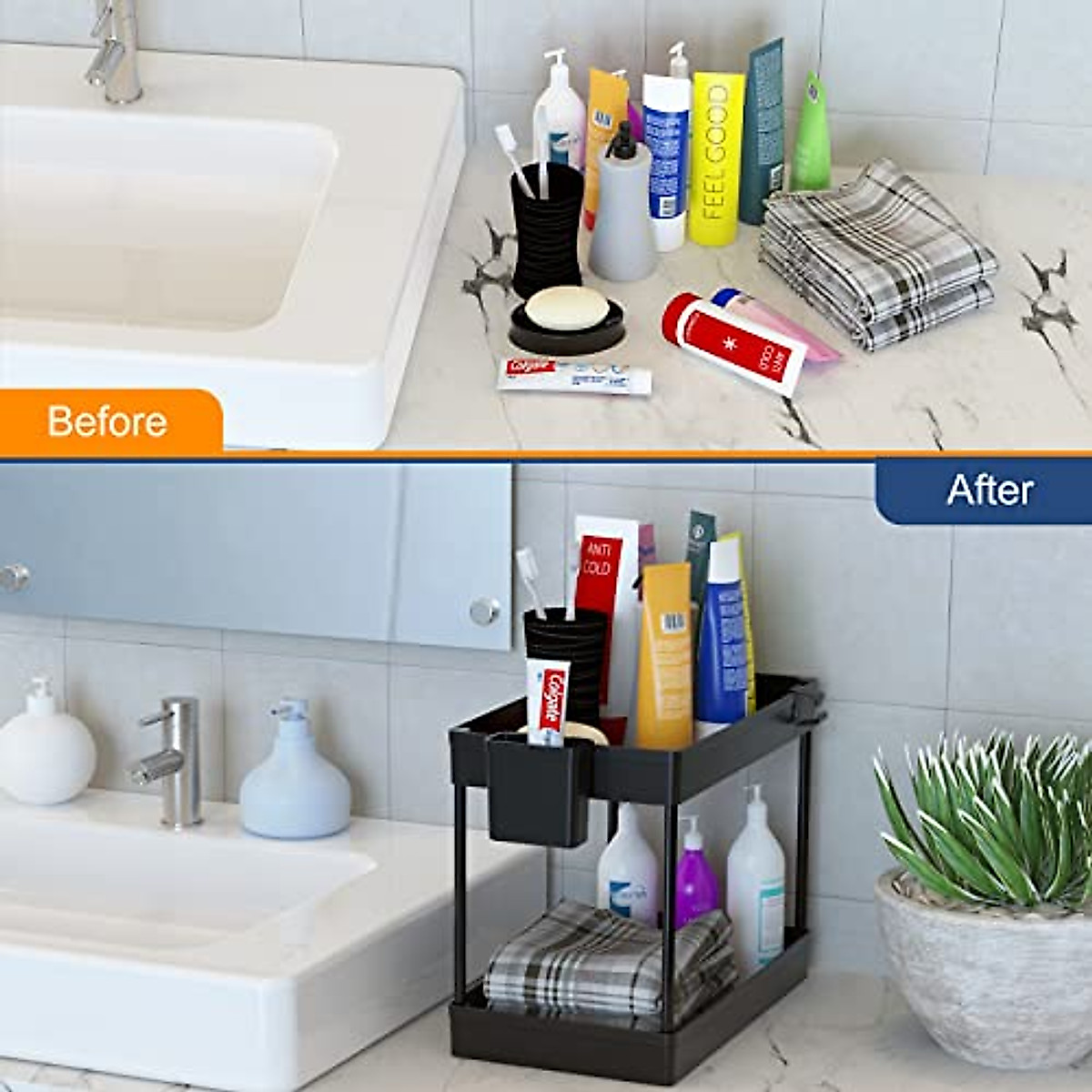 Under Sink Organizers and Storage 2 PCS, 2 Size Multi-Usage Storage Shelf with Hooks, 2 Tier Under Cabinet Basket Organizer for Kitchen Bathroom, Under the Sink Standing Stackable Rack for Bath