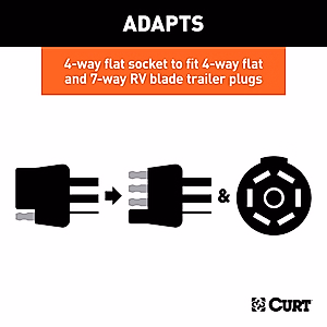 CURT 57674 Dual-Output 4-Way Flat Vehicle-Side to 7-Way RV Blade Trailer Wiring Adapter with Tester , black