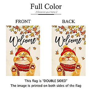 ORTIGIA Welcome Fall Cat Garden Flag Blurap Vertical Double Sided 12x18inch Autumn Maple Leaf Garden Flag for Outside Fall Thanksgiving Farmhouse Seasonal Holiday Yard Décor