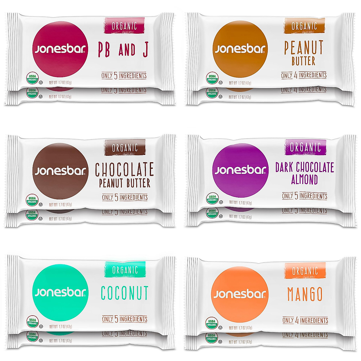 JONESBAR (Variety Pack, 12 Count (Pack of 1)), USDA Organic Fruit & Nut Bar, Non-GMO, Kosher, Vegan, Gluten Free, Simple Snack Bar