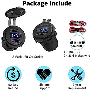 2 Pack USB C Car Charger Socket, Qidoe 12V USB Outlet PD3.0 20W USB C and 18W QC3.0 Car USB Port with LED Voltmeter and ON/Off Switch Fast Car USB Outlet for Car Boat Marine RV Truck Golf Motorcycle