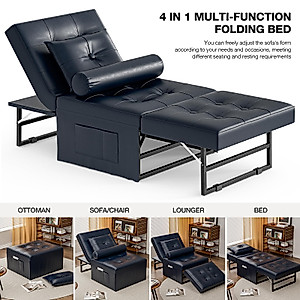Faux Leather Sofa Bed, 4 in 1 Convertible Chair Multi-Function Folding Ottoman Guest Bed with Adjustable Backrest for Living Room, Apartment, Office 71.9''W (included 2 throw pillow) (Dark Blue)