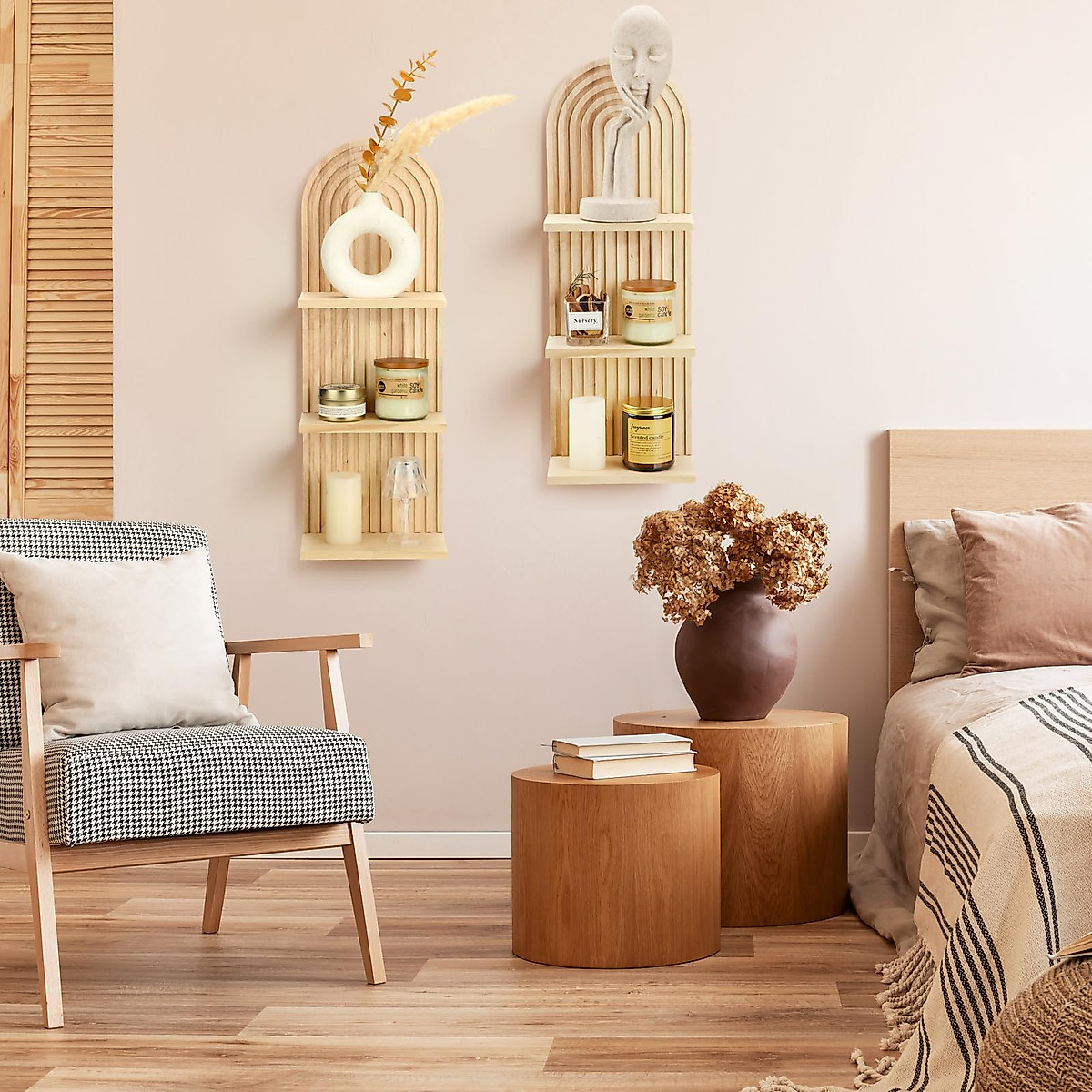 Geetery 2 Pcs Arch Wood Floating Shelf Mid Century Rainbow Wall Shelves Modern Boho Wall Shelf Retro Wall Mounted Wood Arch Wall Decor for Bedroom Living Room Classroom Bathroom Display (3 Tier)