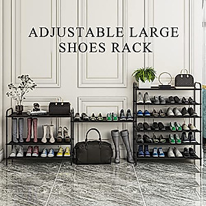 Wisdom Star 4 Tier Stackable Shoe Rack Organizer Storage, Adjustable Fabric Shoe Shelf for Closet Closet Hallway Bedroom Entryway, Black