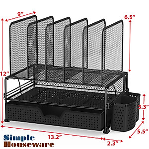 SimpleHouseware Mesh Desk Organizer with Sliding Drawer, Double Tray and 5 Upright Sections, Black