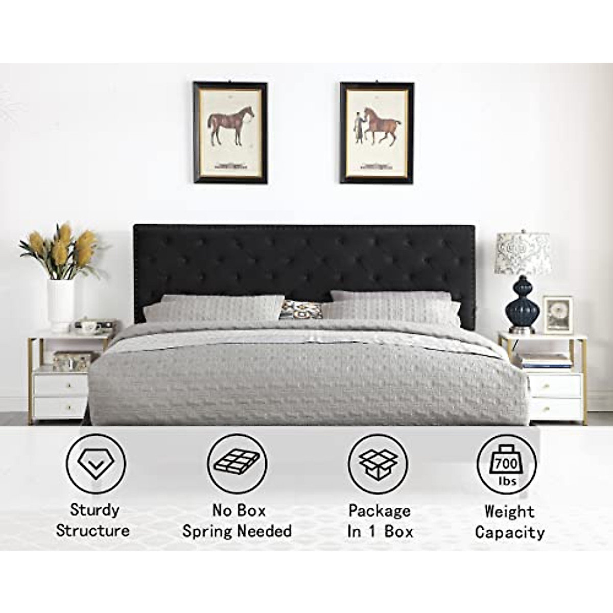 King Upholstered Platform Bed Frame with 48" Tall Adjustable Headboard - Button Tufted Suede Velour Bed- Wood Slat Support with Storage Space- No Box Spring Needed - Black - OLIVER & SMITH - Princeton