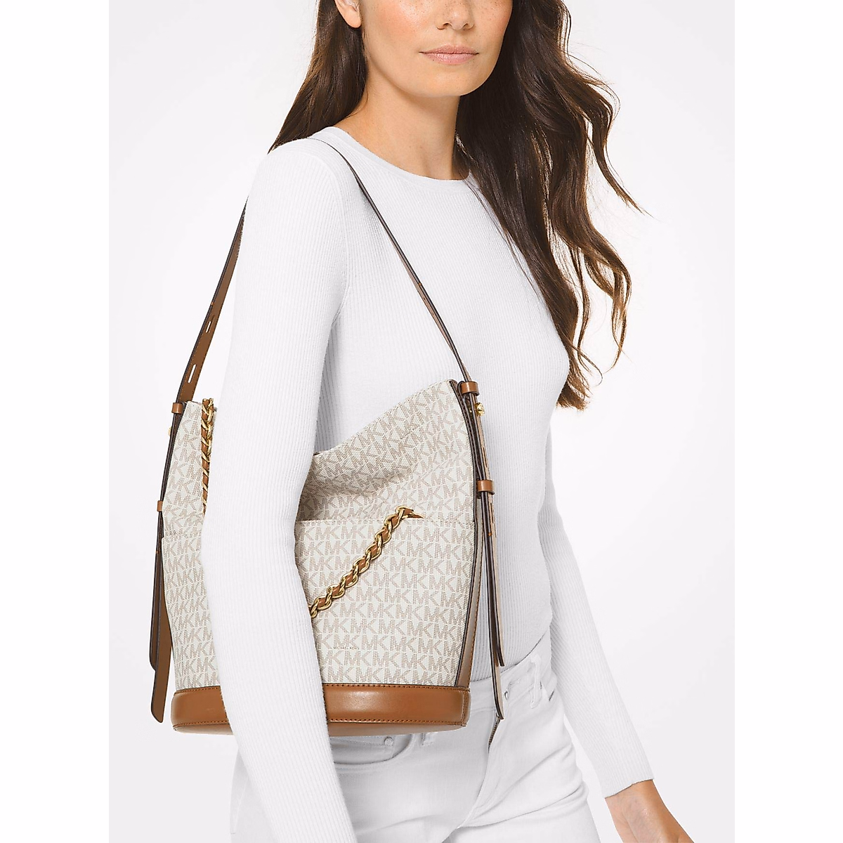 MICHAEL Michael Kors Womens Reese Signature Canvas Large Shoulder Bag (Vanilla)