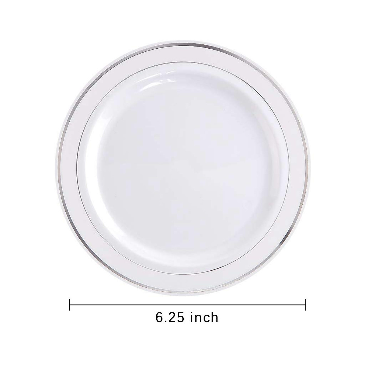 bUCLA 100Pieces Silver Plastic Plates -6.25inch Disposable Salad/Dessert Plates- White with Silver Rim Premium Hard Plastic Appetizer Plates/Small Cake Plates for Weddings,Parties&Christmas