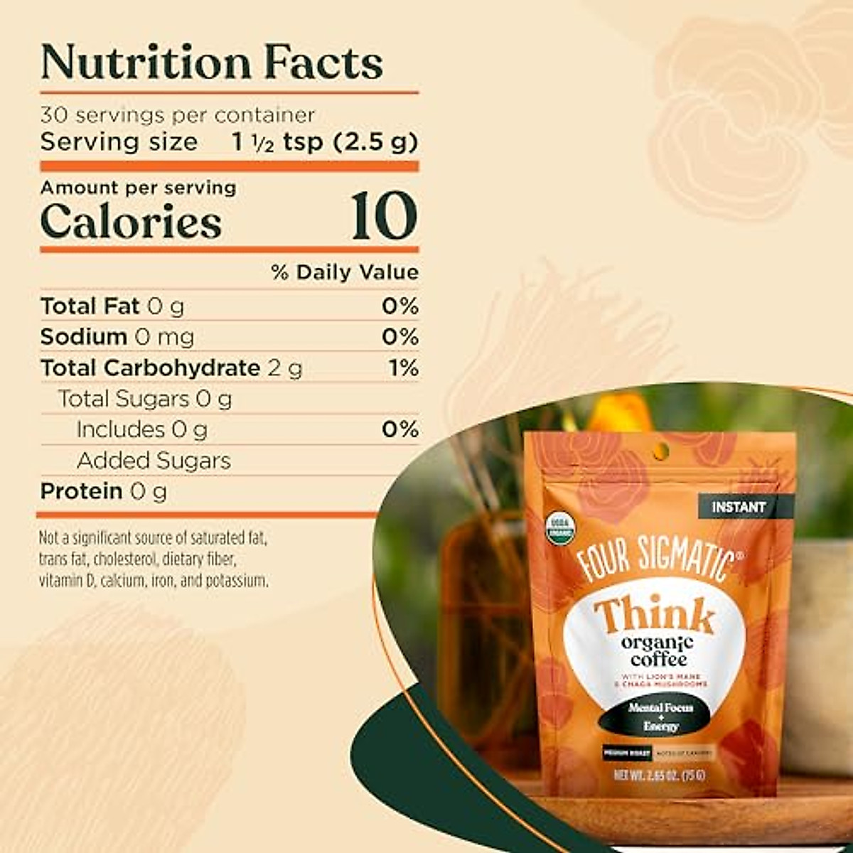 Four Sigmatic Organic Mushroom Coffee | Arabica Instant Coffee with Lion's Mane, Chaga and Rhodiola | Mushroom Coffee Instant Mix for Better Focus and Immune Support | 30 Serving Canister