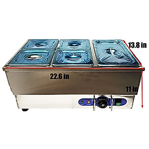 HQHAOTWU 5-Pan Electric Food Warmer Commercial Bain Marie Buffet Stainless Steel Soup Warmer Food Container for Catering Restaurant Canteen with One 1/3 Pan and Four 1/6 Pans
