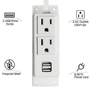 Power Strip with USB, BTU Wall Mount Power Outlet with 2 AC Outlets, 2 USB Ports, 6.56ft Extension Cord, Mountable Under Desk, Workbench, Nightstand, Dresser, Table