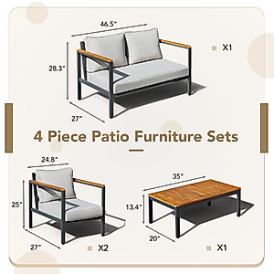 Devoko 4 Pieces Patio Furniture Sets Outdoor Conversation Set Acacia Wood Sofa Set with Coffee Table Thicker Sponge Cushion
