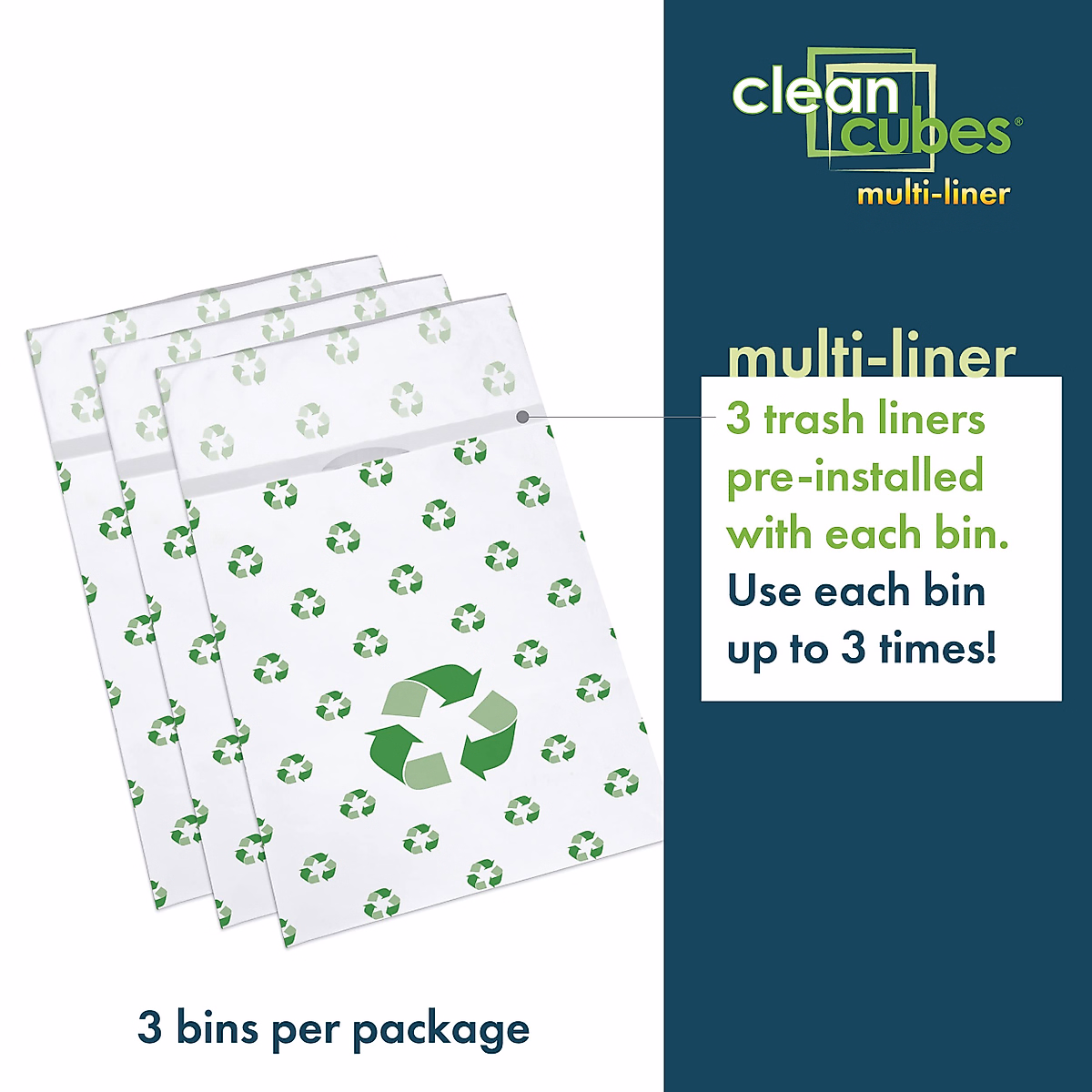 Clean Cubes 30 Gallon Multi-Liner Disposable Trash Cans (3-Pack). Reusable Garbage and Recycling Bins for Parties, Events, and More (Recycle Pattern - 30” Height x 17” Width x 14” Depth) (Recycle)