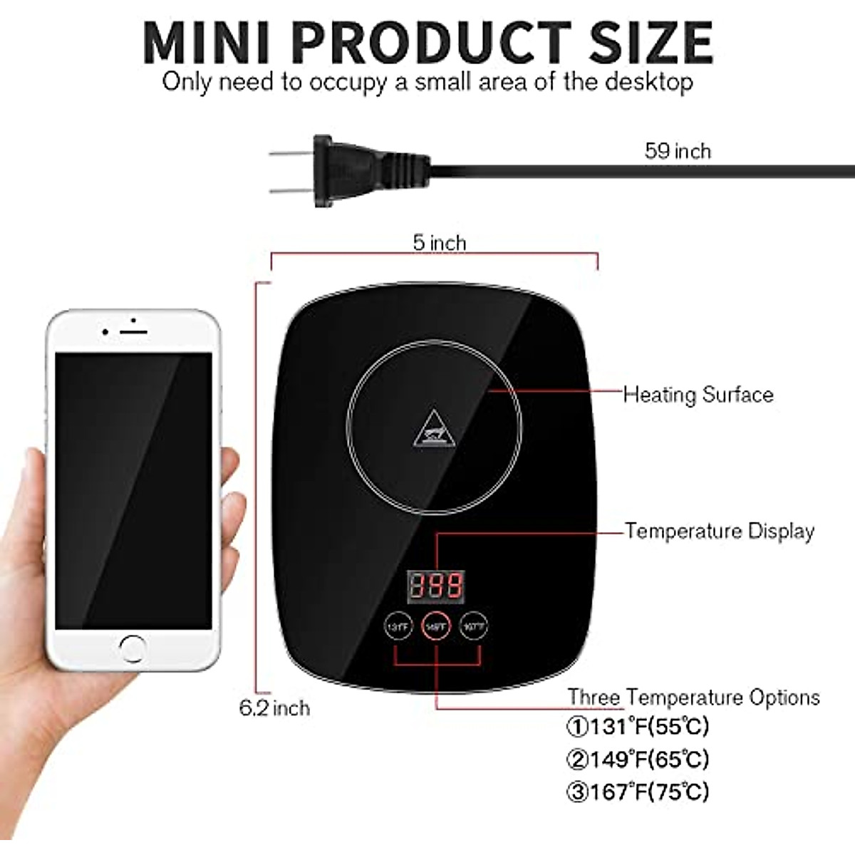 nicelucky Coffee Mug Warmer for Desk with Heating Function 25 Watt Electric Beverage Warmer with Adjustable Temperature 131℉/ 55℃or 167℉/ 75℃ (Without Mug)