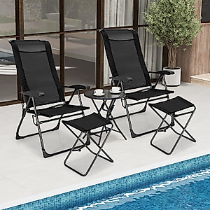 Tangkula Folding Patio Chairs, Set of 2 Outdoor Dining Chairs & Ottomans, Lawn Chairs with 7-Level Adjustable Backrest, Armrests, Mesh Pocket, Portable Lounge Chairs & Footrests for Backyard, Camping