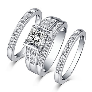 Engagement Ring for Women Bridal Sets 1 ct Princess Cut Moissanite engagement ring set wedding ring set Platinum Plated Silver Anniversary Promise Rings 3 piece set wedding ring size8