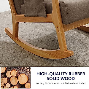 COCOLHOME Nursery Rocking Chair Linen Fabric Solid Wood Upholstered with High Backrest Side Pocket Modern Armchair Accent Rocker Glider Chair for Living Room,Bedroom(Brown)