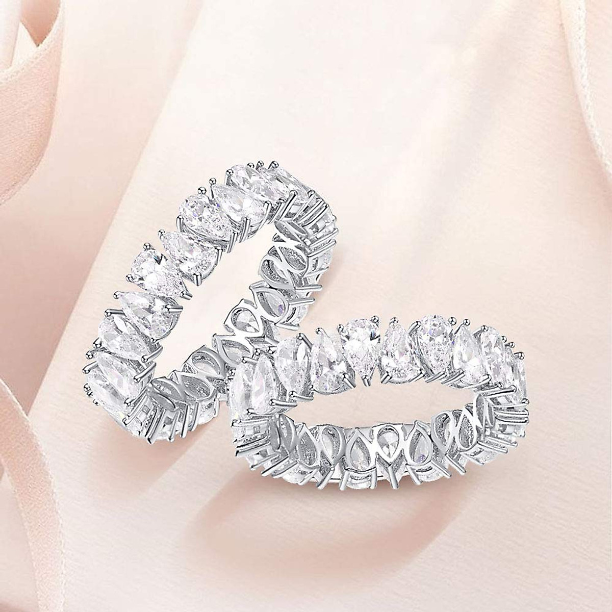 AVECON Eternity Rings Band for Women 925 Sterling Silver Stacking Rings Pear Cut White Cubic Zirconia Wedding Ring Size 6