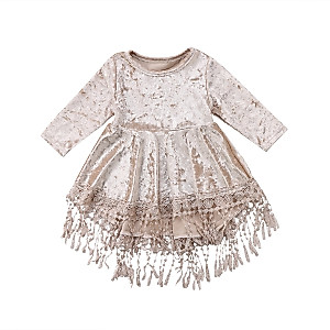 Vintage Princess Kids Baby Flower Girls Dress Silver Velvet Tassels Dresses Ruffle Long Sleeve Floral Lace Dress (Silver, 6-12Months)