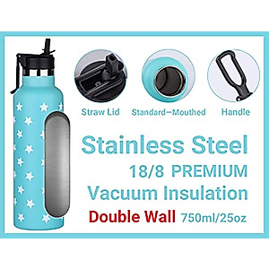 QISSZION Kids Insulated Bottle with Handle & Straw 25oz, Vacuum Stainless Steel Water Bottles Leakproof for School, BPA Free Flask Metal Thermos for Boys & Girls - Stars