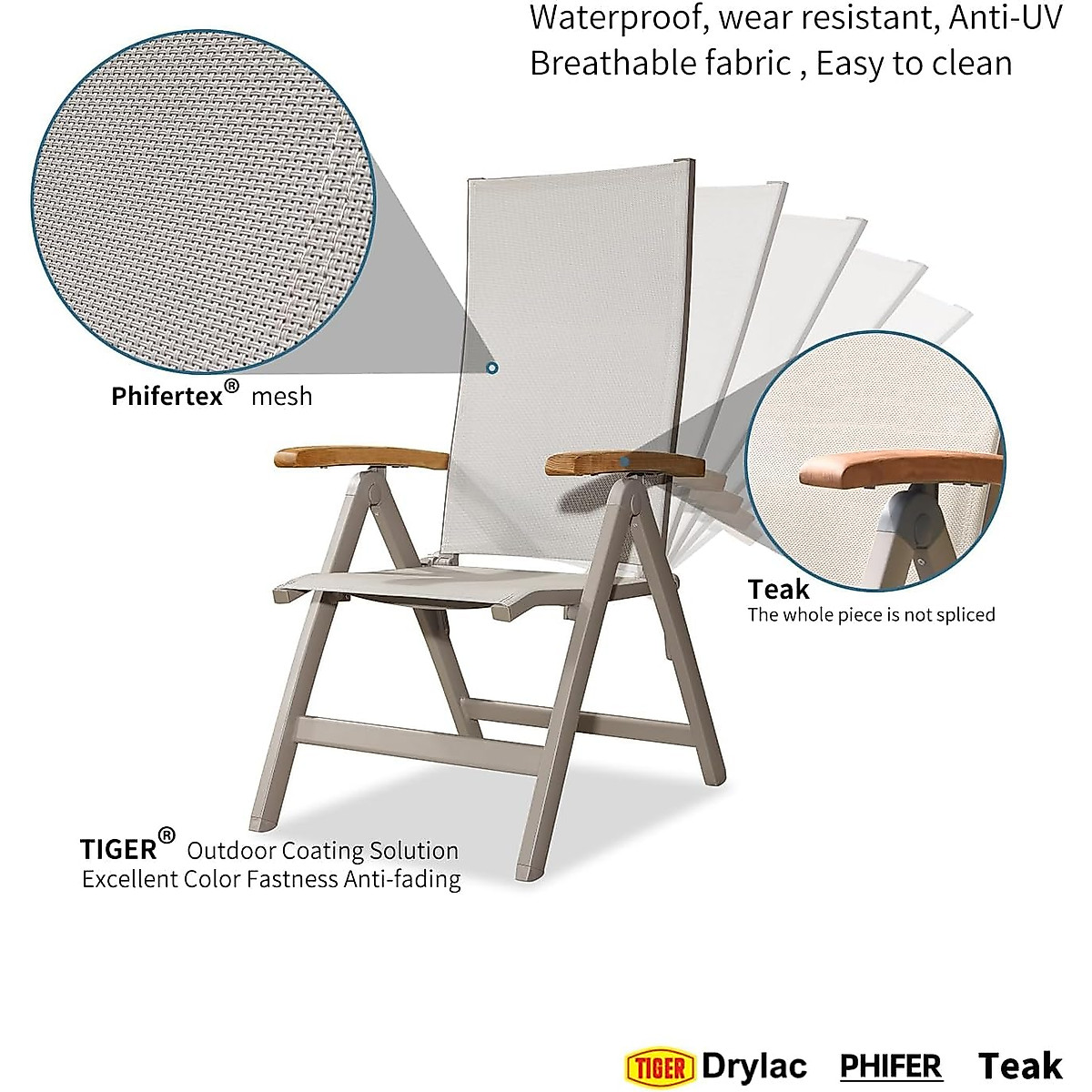 Astomi Outdoor Patio Chair, High Back Portable Folding Chair with 5 Different Angles, Support 600 LBS, Great for Garden, Balcony, Camping, Pool, Beach and Lawn, Single, Champagne&Khaki