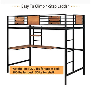 Metal Loft Bed Frame, Twin Size Loft Bed with Desk and Storage Shelves, Metal Bed Frame with Safe Guardrail & Ladder for Kids Teens Adults, Space Saving Loft Bed, No Box Spring Needed (Black 1)