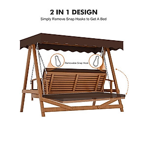 GarveeLife Wooden Patio Swing with Adjustable Canopy, 3-Seater Wood Patio Swing Bench with Removable Cushion, Patio Swing Glider with Flatbed for Backyard Garden Balcony Poolside, Brown