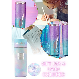 Onebttl Writer Gifts for Women - 20oz/590ml Skinny Glitter Stainless Steel Insulated Tumbler with Straw - Graduation/Birthday/Christmas Gift for Writers, Novelist, Scriptwriter- Feather Pen
