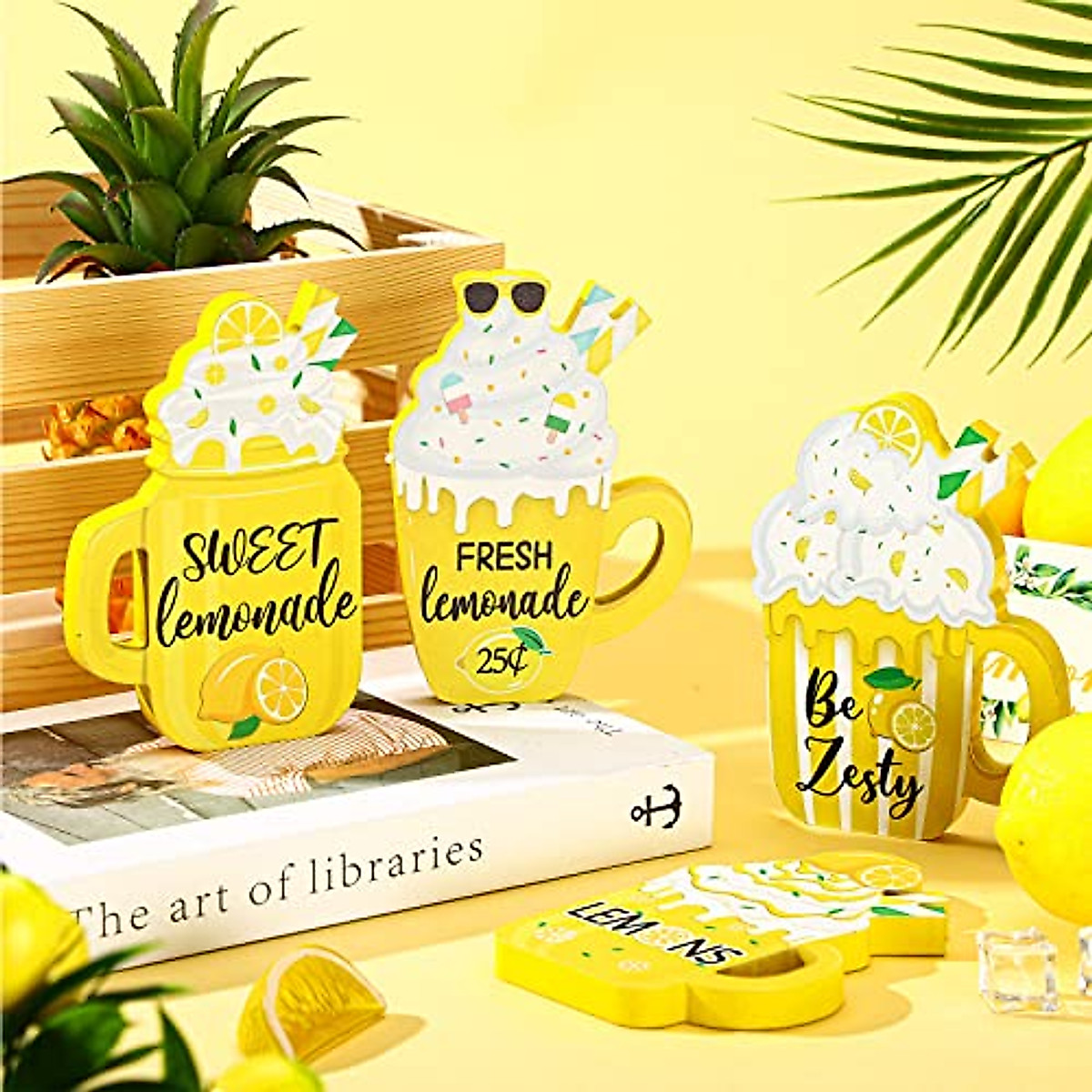 4 Pcs Lemon Tabletop Mug Sign Decor Lemon Table Decor Summer Lemon Tiered Tray Decor Farmhouse Wood Tiered Tray Decor Kitchen Standing Sign for Home Decor